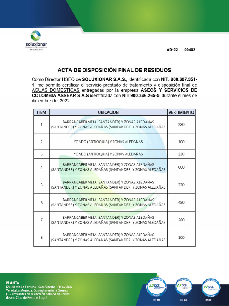 CERTIFICADO DE DISPPOSICION FINAL ARD DIC 2022 | PDF