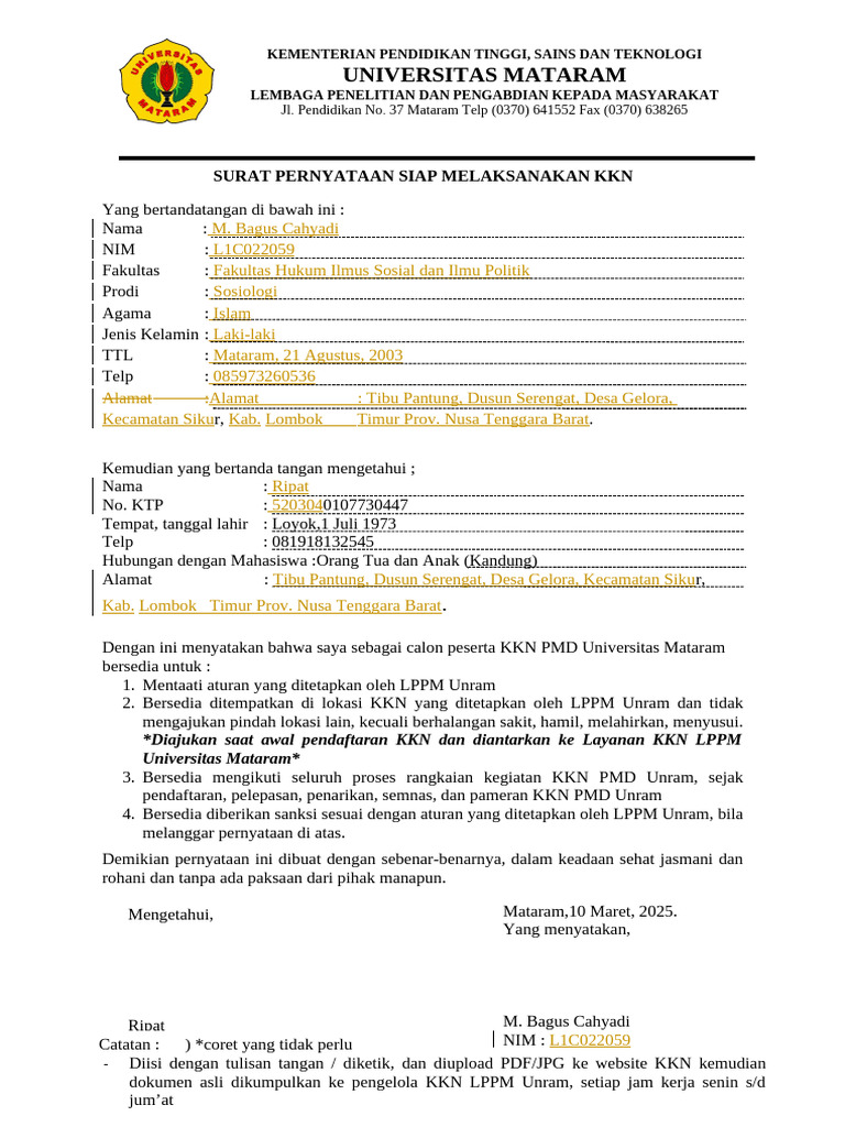 Surat Pernyataan Calon Peserta KKN-PMD-Unram 2024 | PDF
