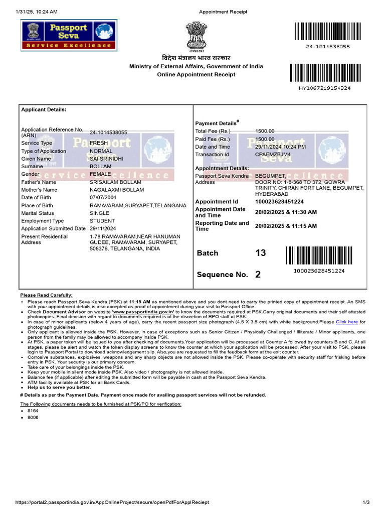 Appointment Receipt SRINIDHI2 | PDF | Identity Document | Birth Certificate