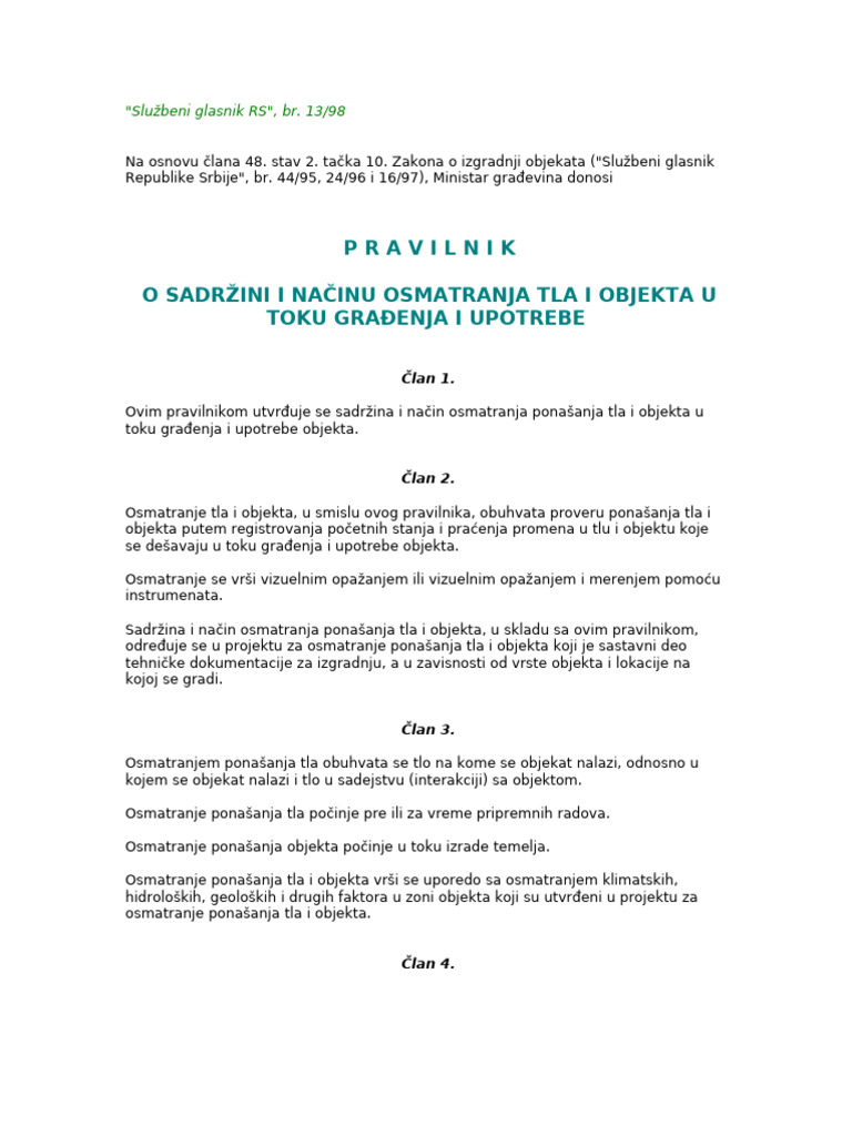 Pravilnik o Sadrzini Osmatranja Tla I Objekata U Toku Gradjenja I Upotrebe | PDF