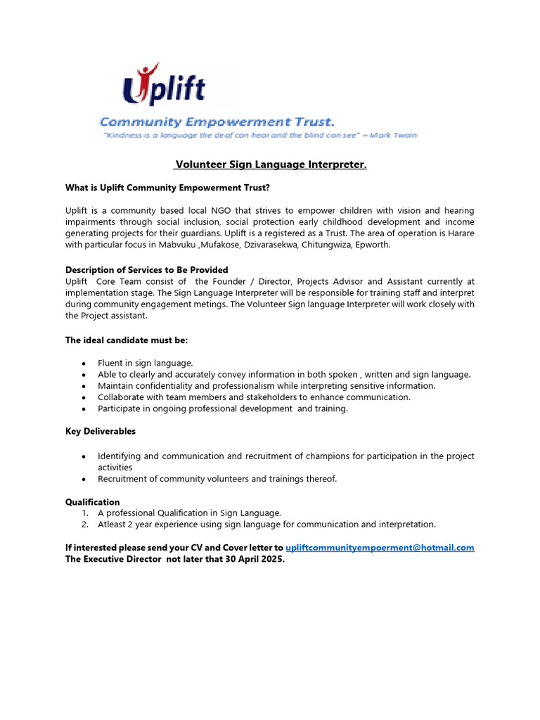 UPLIFT - TORs - Volunteer Sign Language Interpreter. | PDF