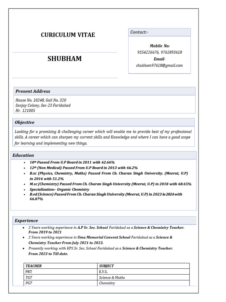 Shubham.Resume.b.ed | PDF