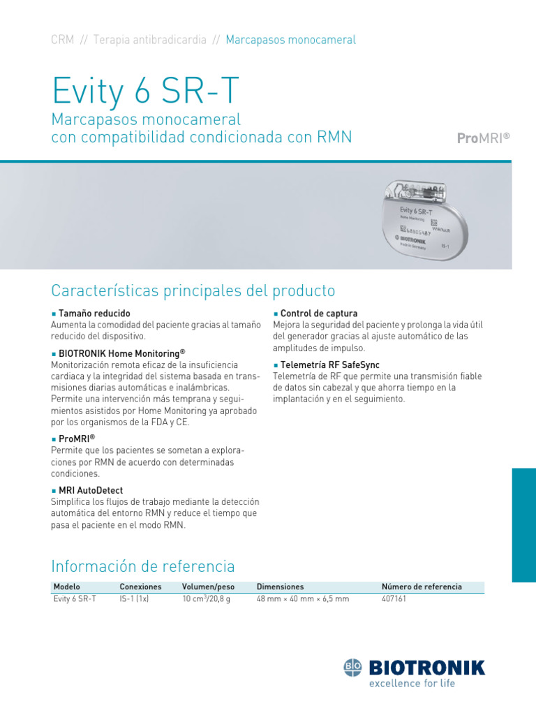 Marcapasos Evity 6 SR-T: Características y Monitorización | PDF