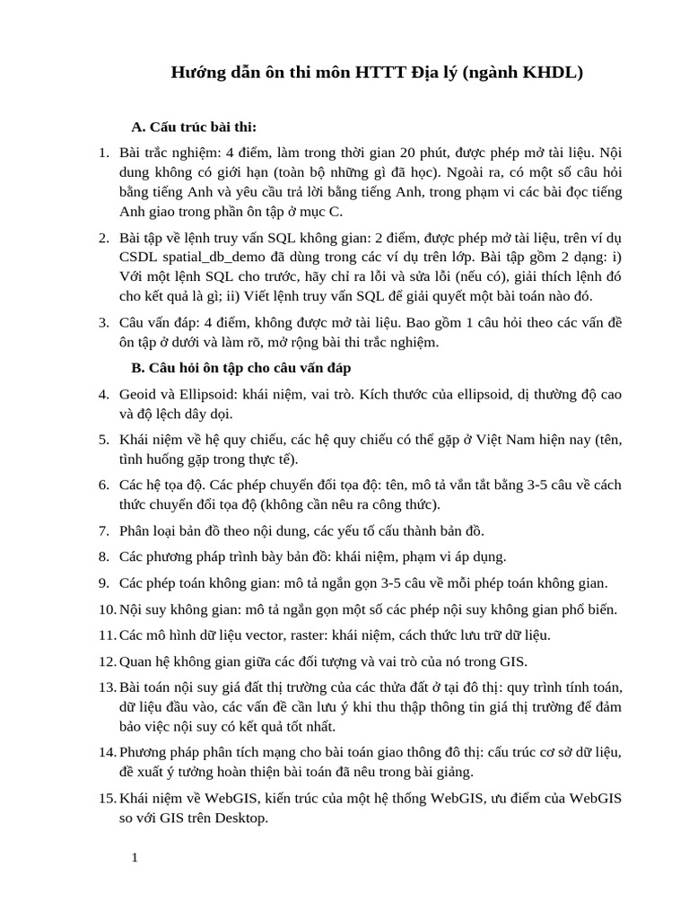Huong Dan On Thi Mon HTTT Dia Ly Cho KHDL | PDF