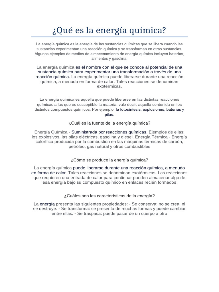 Definición y características de energía química | PDF