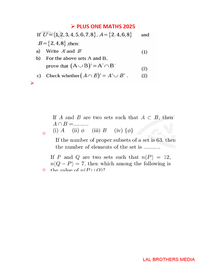 Plus One Maths 2025 Question Paper Lal Brothers Media - 2025 | PDF ...
