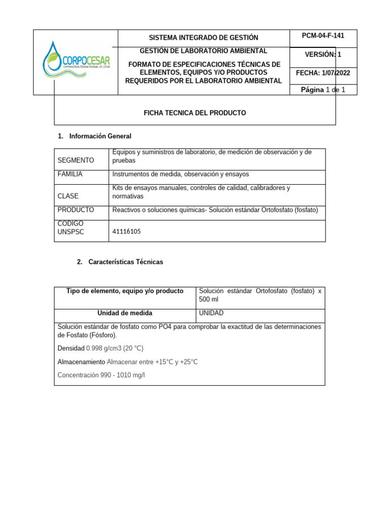 8.50 Fichas Técnica Solucón Estandar de Ortofosfato (Fosfato) | PDF