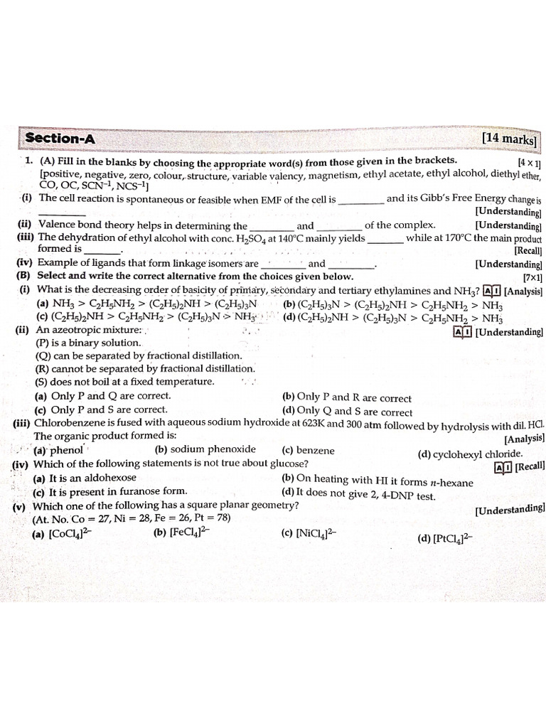 Chemistry Class XII Practice Paper - 3 | PDF
