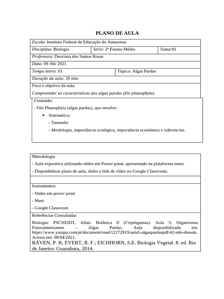 Plano de Aula Algas Pardas | PDF