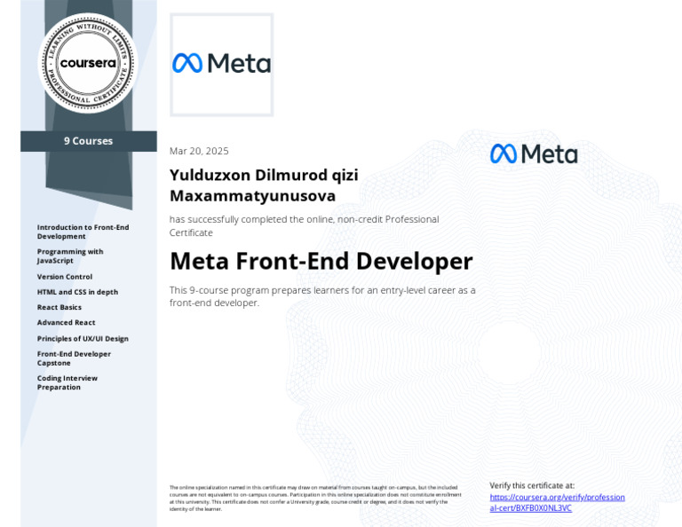 Coursera Certificate Yulduzxon Maxammatyunusova | PDF