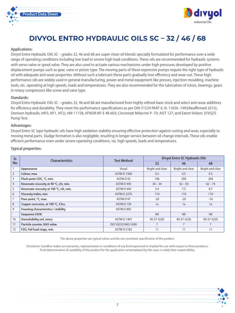 Divyol Entro Hydraulic Oils SC | PDF | Pump | Mechanical Engineering
