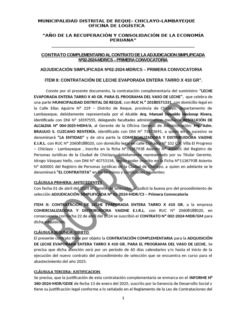 Contrato Complementario - Tarros de Leche | PDF