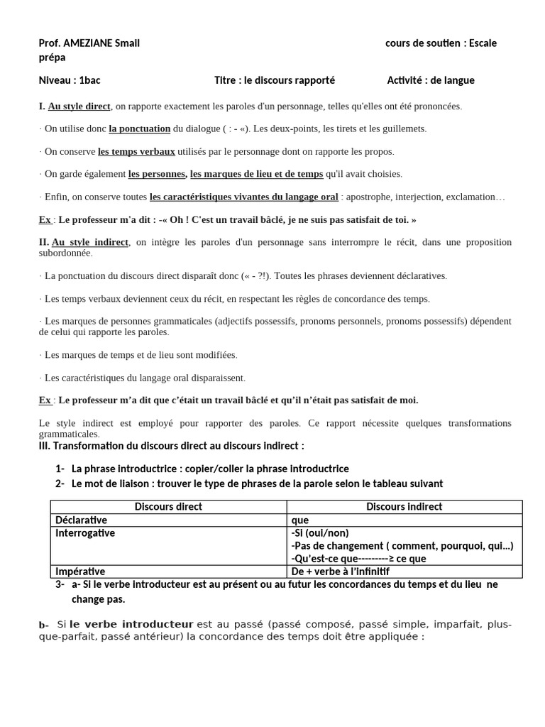 Discours rapporté : direct et indirect | PDF | Phrase | Verbe