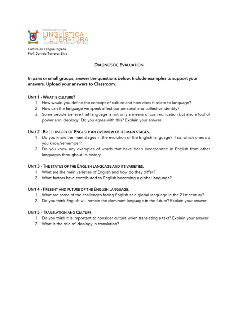 Diagnostic Evaluation on English Culture | PDF