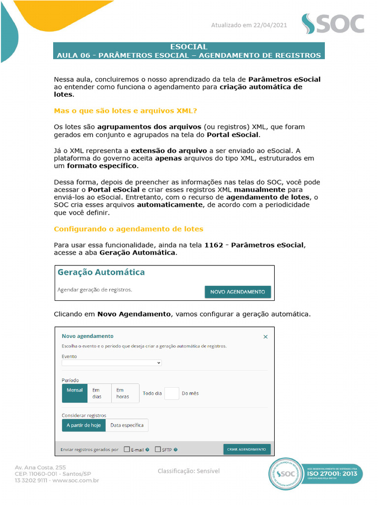 Esocial - Aula 06 - Parâmetros Esocial - Agendamento de Registros (Apostila) | PDF | XML ...