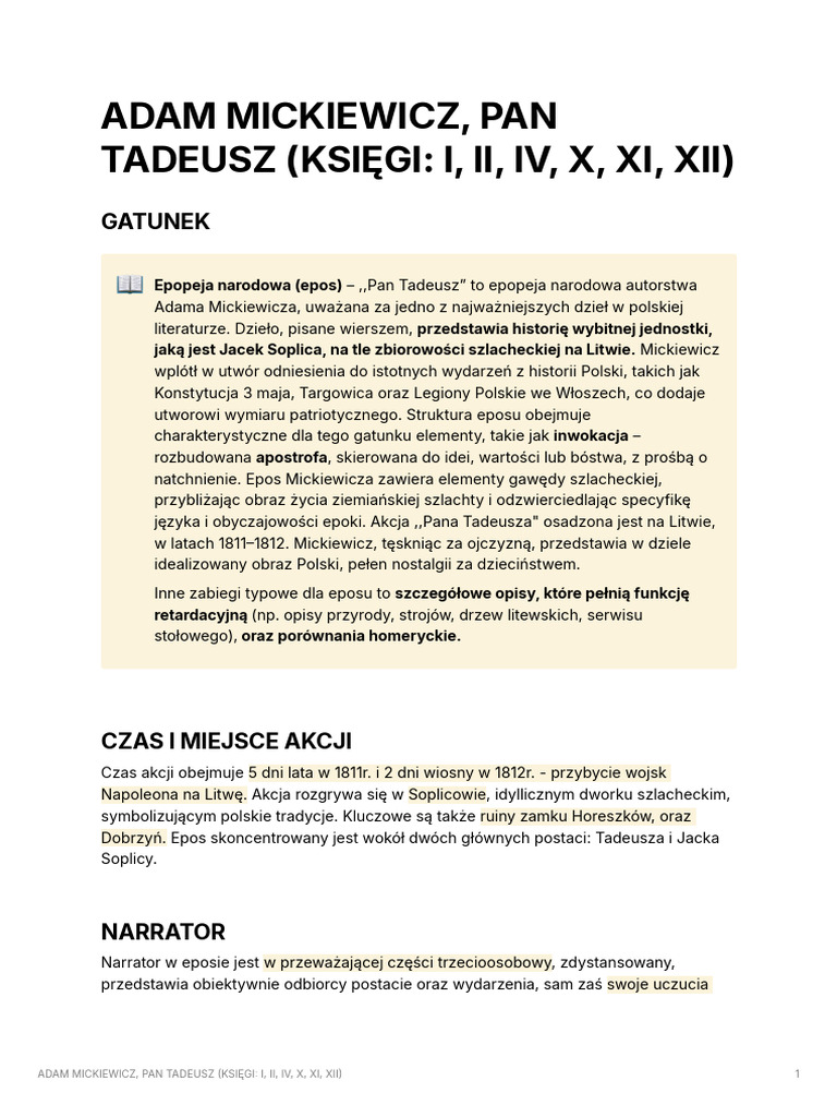 Adam Mickiewicz Pan Tadeusz (Ksiegi I Ii Iv X Xi Xii) | PDF