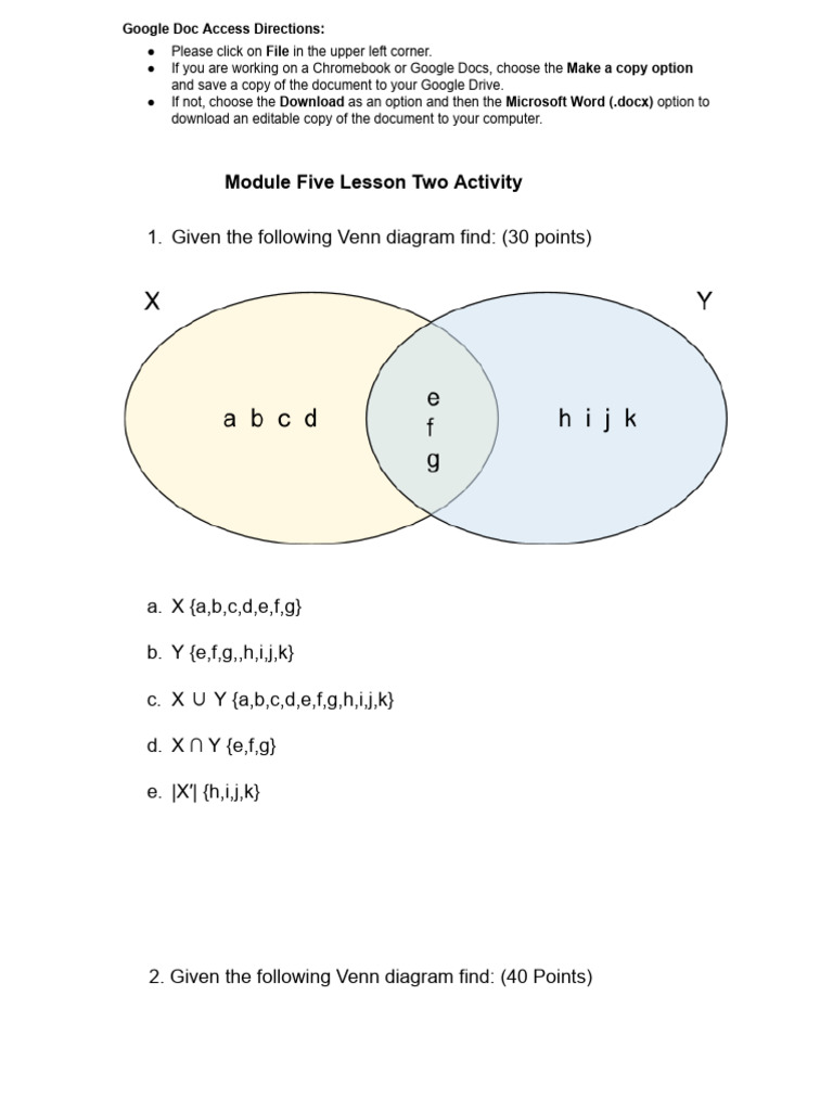 Given The Following Venn Diagram Find: (30 Points) : Module Five Lesson Two Activity | PDF
