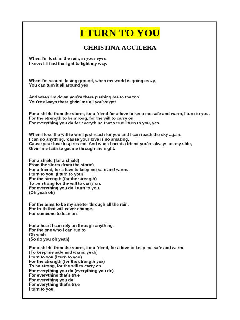 Christina Aguilera's "I Turn to You" Lyrics | PDF