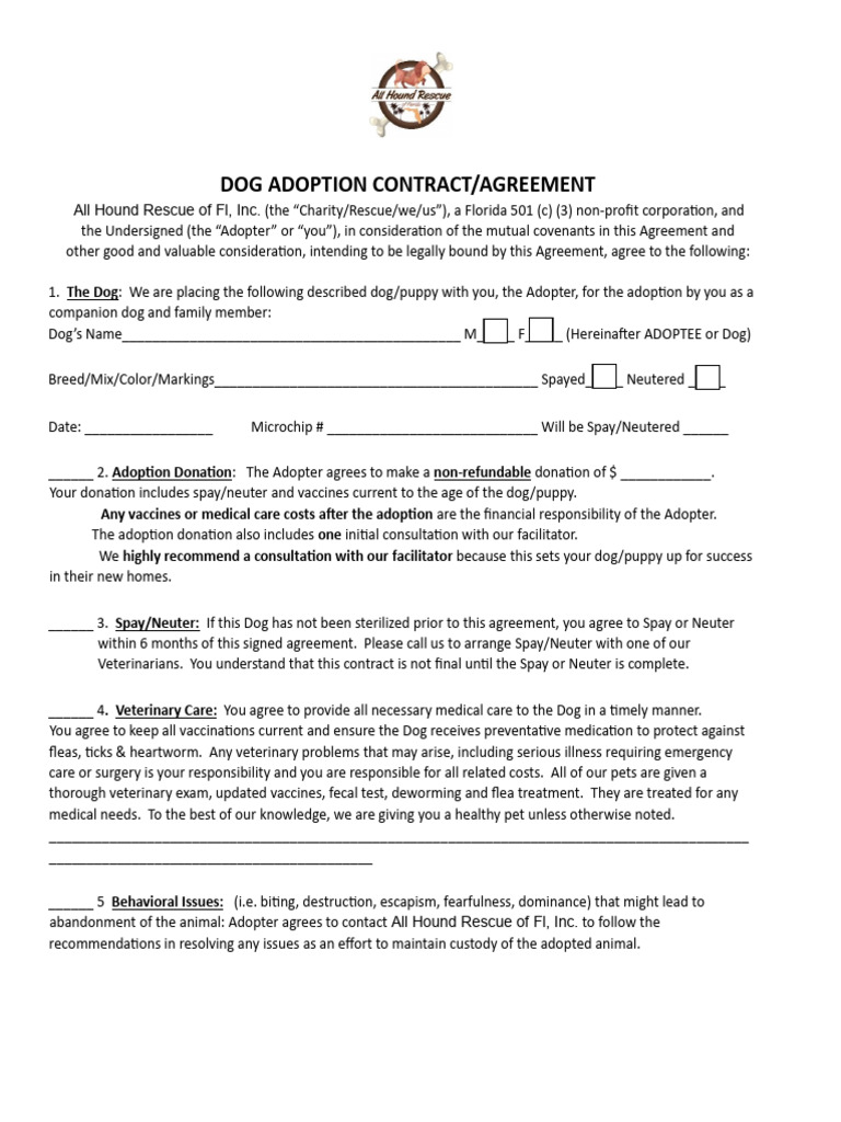 Dog Adoption Agreement Overview | PDF | Neutering | Dogs