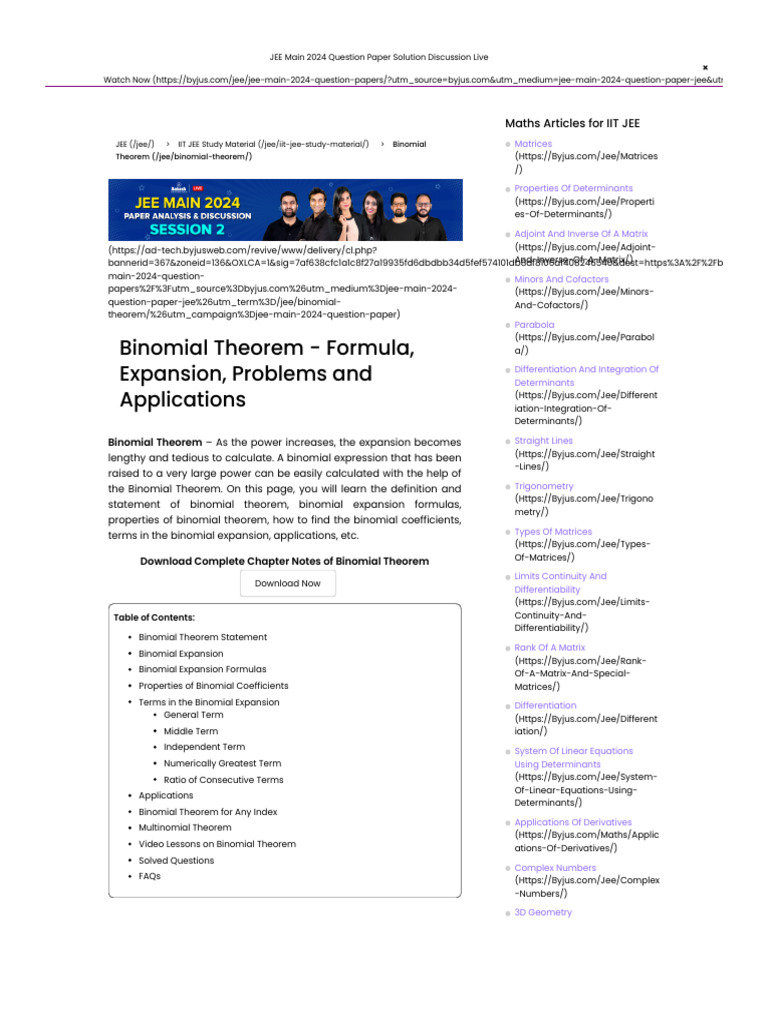 Binomial Theorem - Formulas, Properties, Terms in Binomial Expansion ...