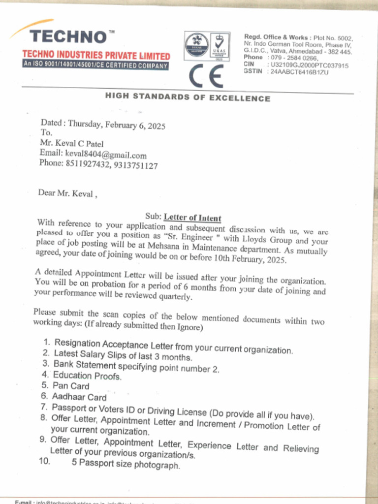 Keval C Patel - Offer Letter | PDF