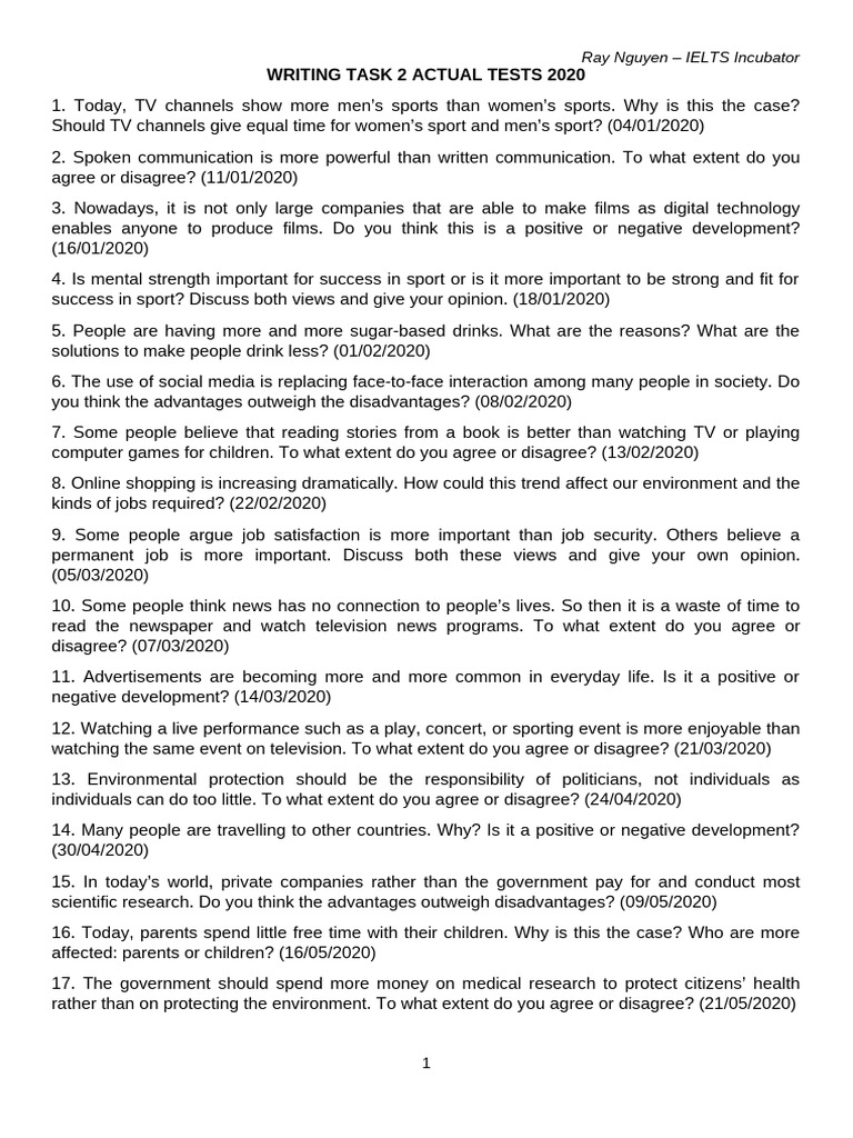 IELTS Writing Task 2 Topics 2020 | PDF