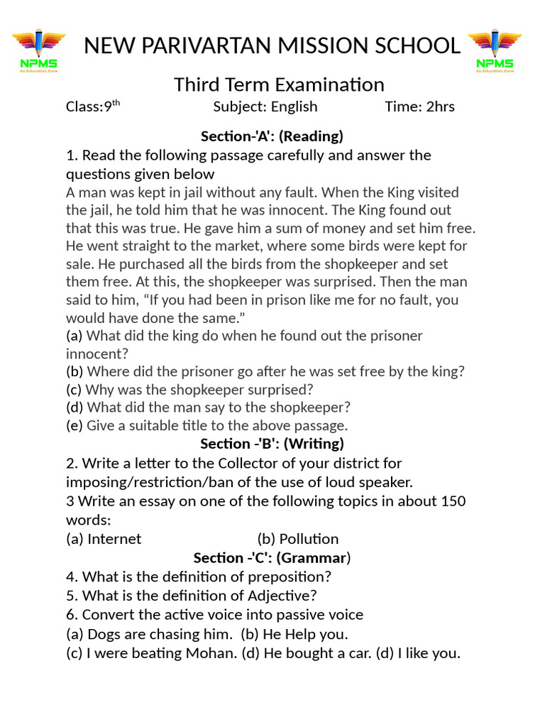 English Class 9th Third Term Paper | PDF | English Language | Syntax