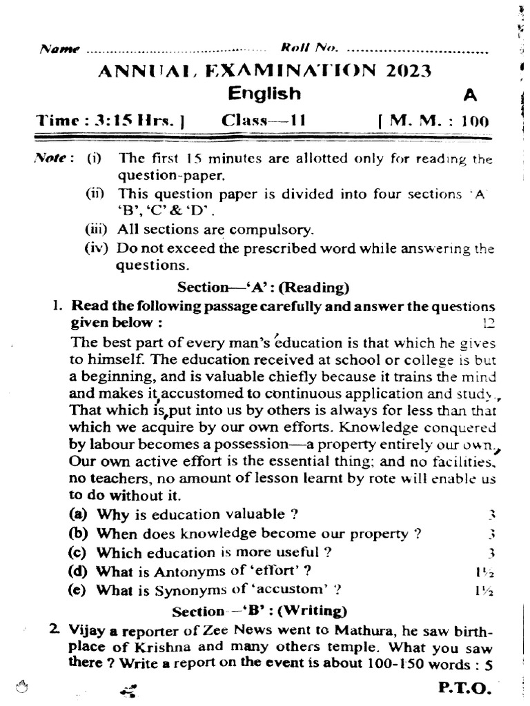 Up Board Class 11 English Set A 180323 2023 | PDF