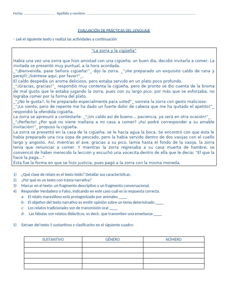 Evaluación PLG 1° Año | PDF