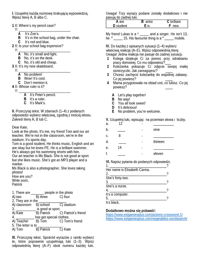 Materialy - Jezyk Angielski II - Klasa 4a 4b | PDF