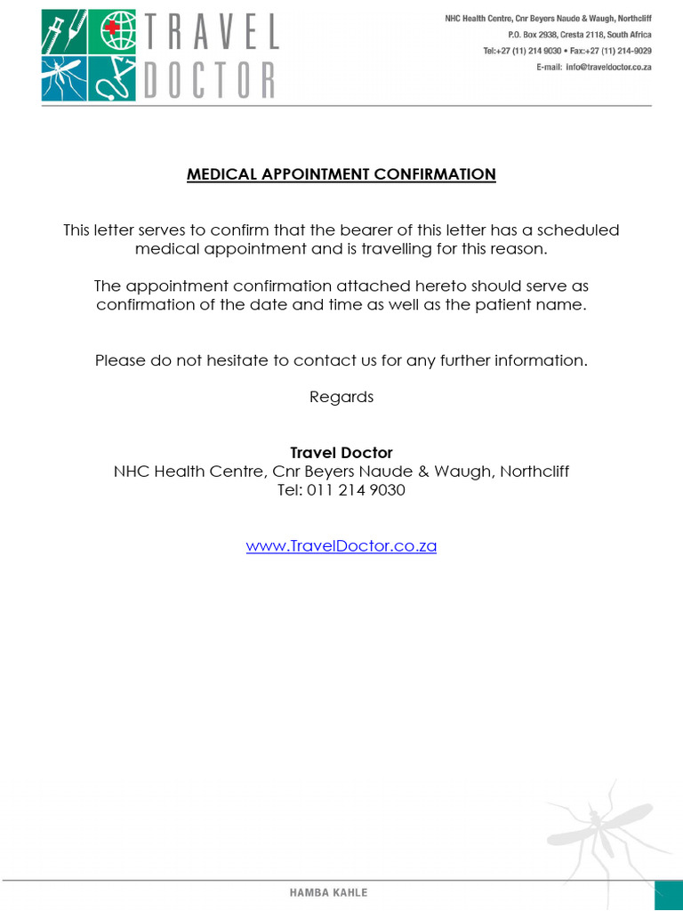 Travel Doctor Confirmation of Appointment 1 | PDF