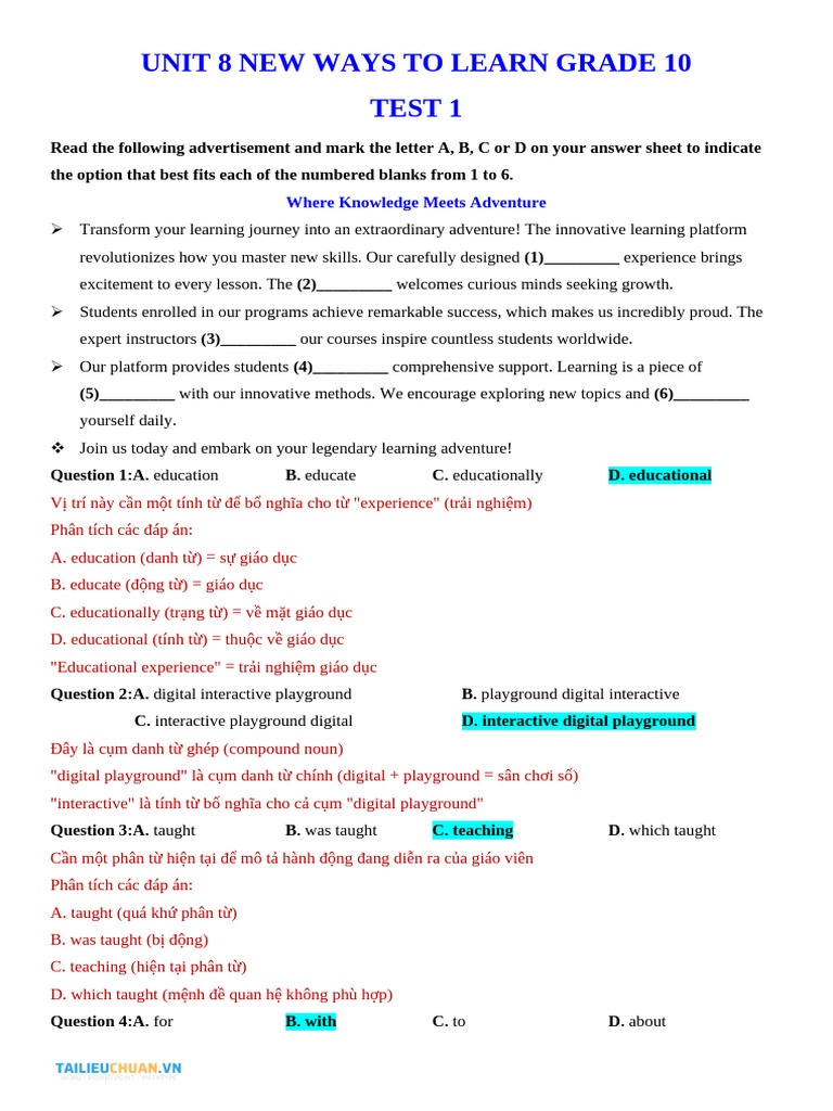 Unit 8 Grade 10 Test 1 Key | PDF
