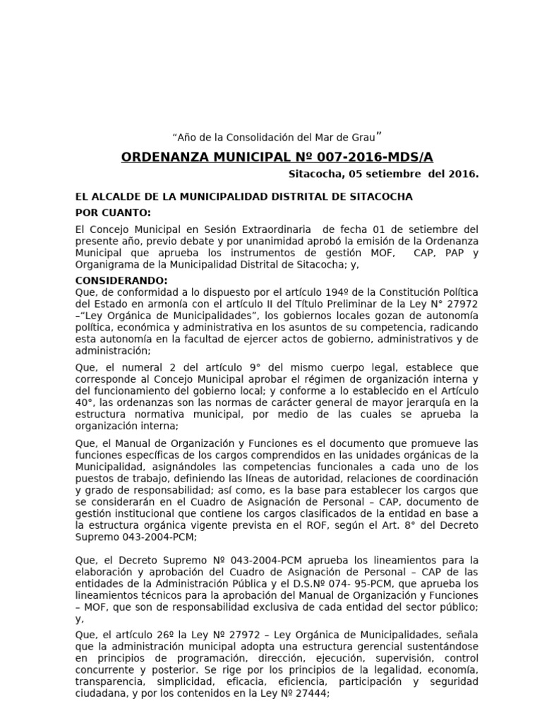Ordenanza N°007-2016 Mof-Cap-Pap | PDF | Gobierno local | Presupuesto