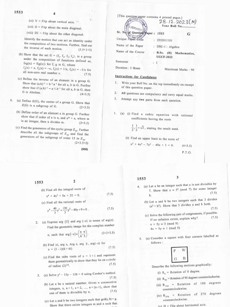 Algebra Previous Year Paper | PDF