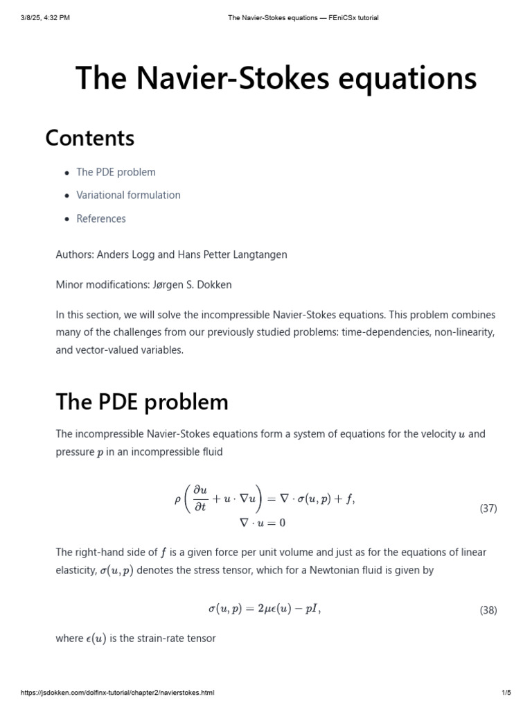 The Navier-Stokes Equations - FEniCSx Tutorial | PDF | Navier–Stokes Equations | Applied And ...