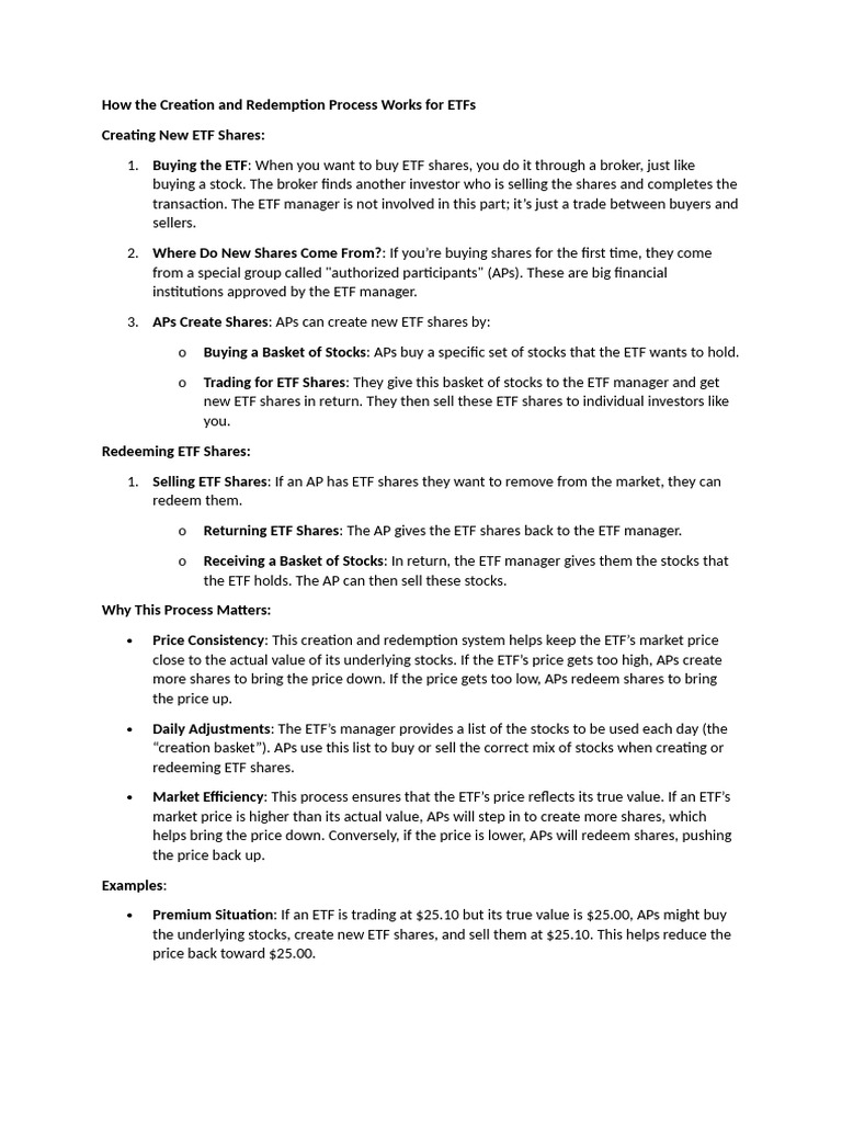 ETF Creation and Redemption Process. 1 | PDF | Exchange Traded Fund ...