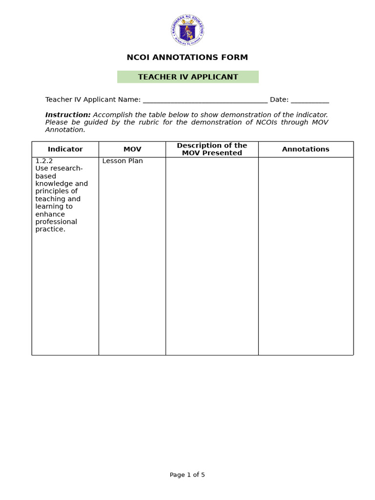NCOI Annotations Form For Teacher IV Applicant | PDF | Learning | Annotation