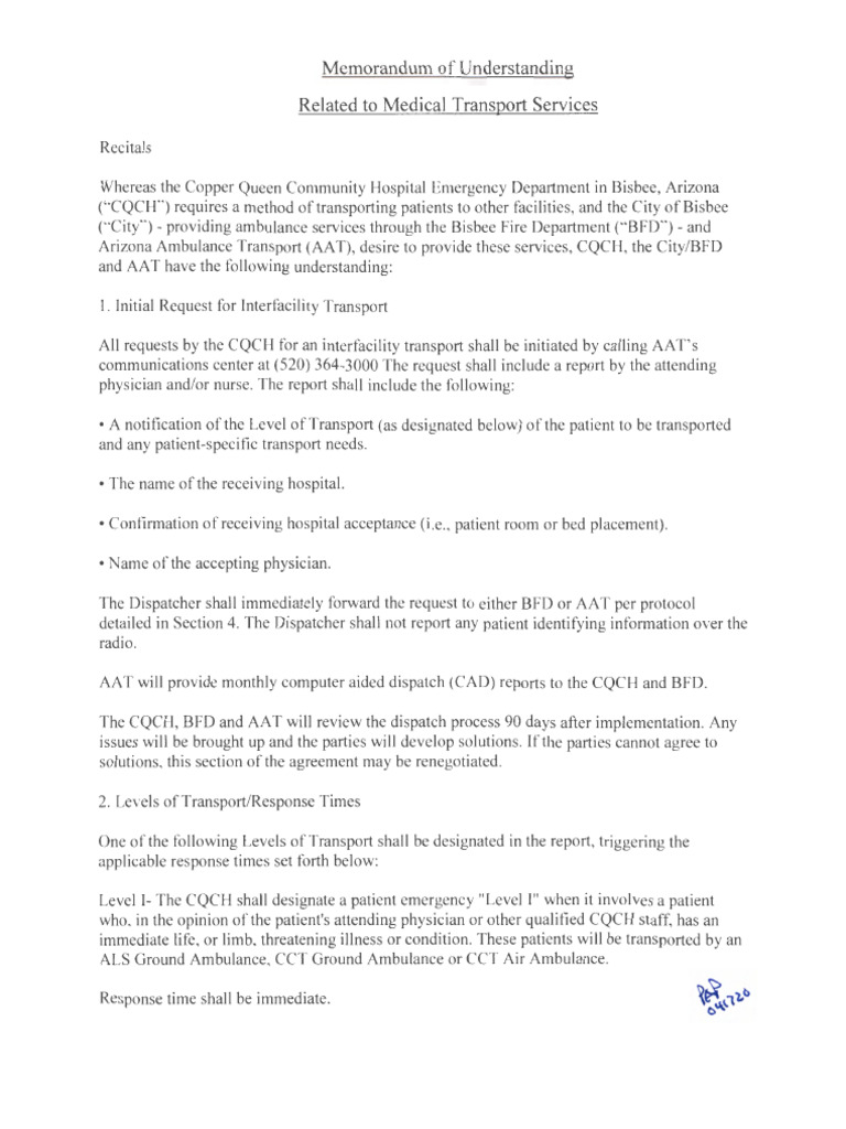 MOU Related To Medical Transport Services 031720 | PDF | Ambulance ...