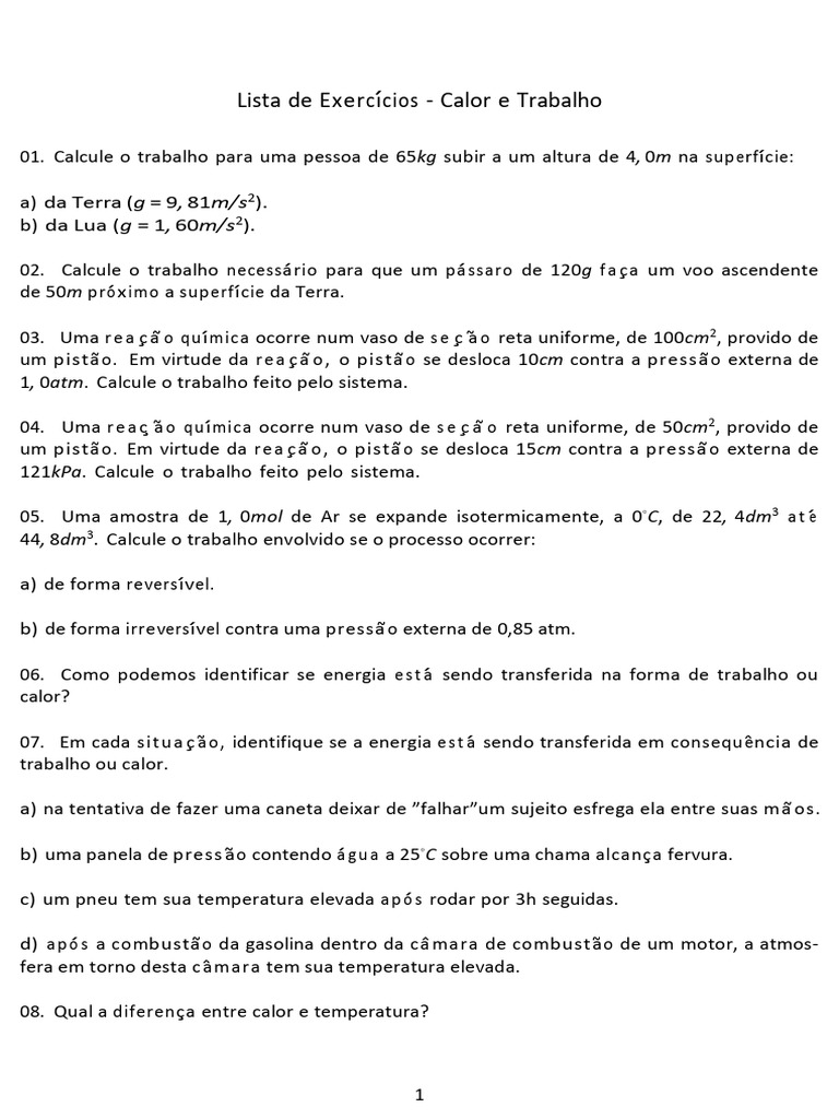 Exercícios sobre Calor e Trabalho | PDF | Calor | Temperatura