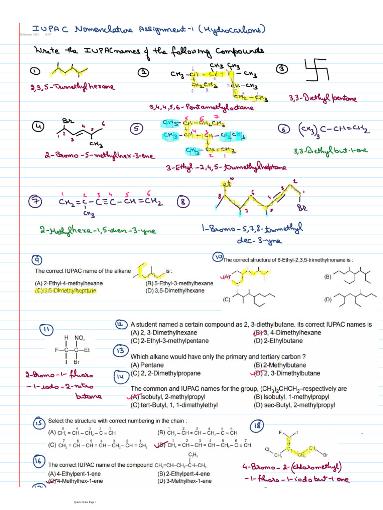 IUPAC Nomenclature Assignment 1 (Hydrocarbons) With Answers-1 | PDF