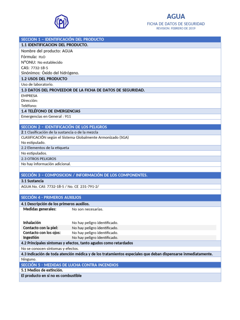 Agua Hoja de Seguridad | PDF | Agua | Solubilidad