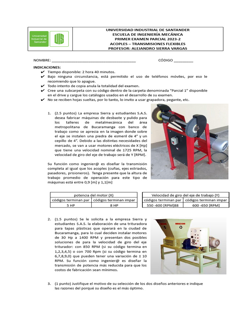 Parcial 1A - Diseño de Maquinas | PDF | Caballo de fuerza | Ingeniería ...