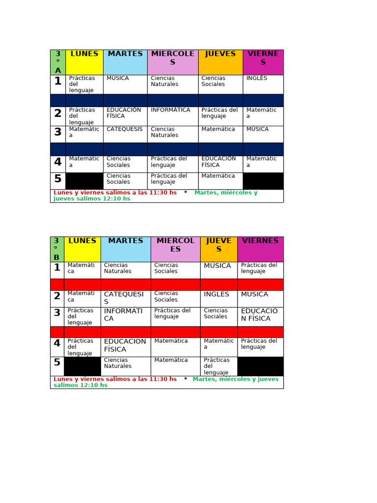 Cuadros de Horarios de Clases | PDF