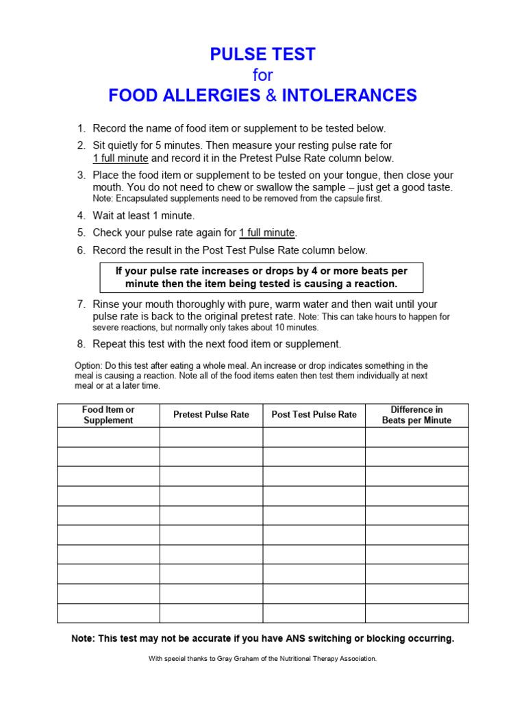 Pulse Test for Food Allergies | PDF