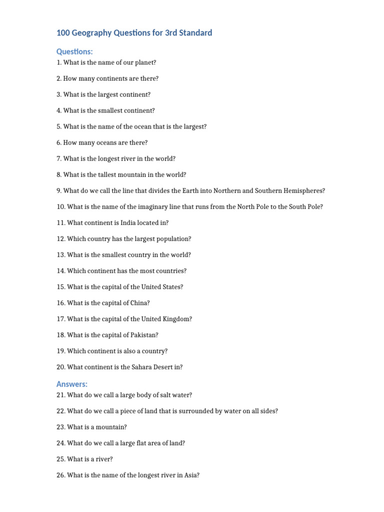 100 Geography Questions for 3rd Grade | PDF | Continent | Earth