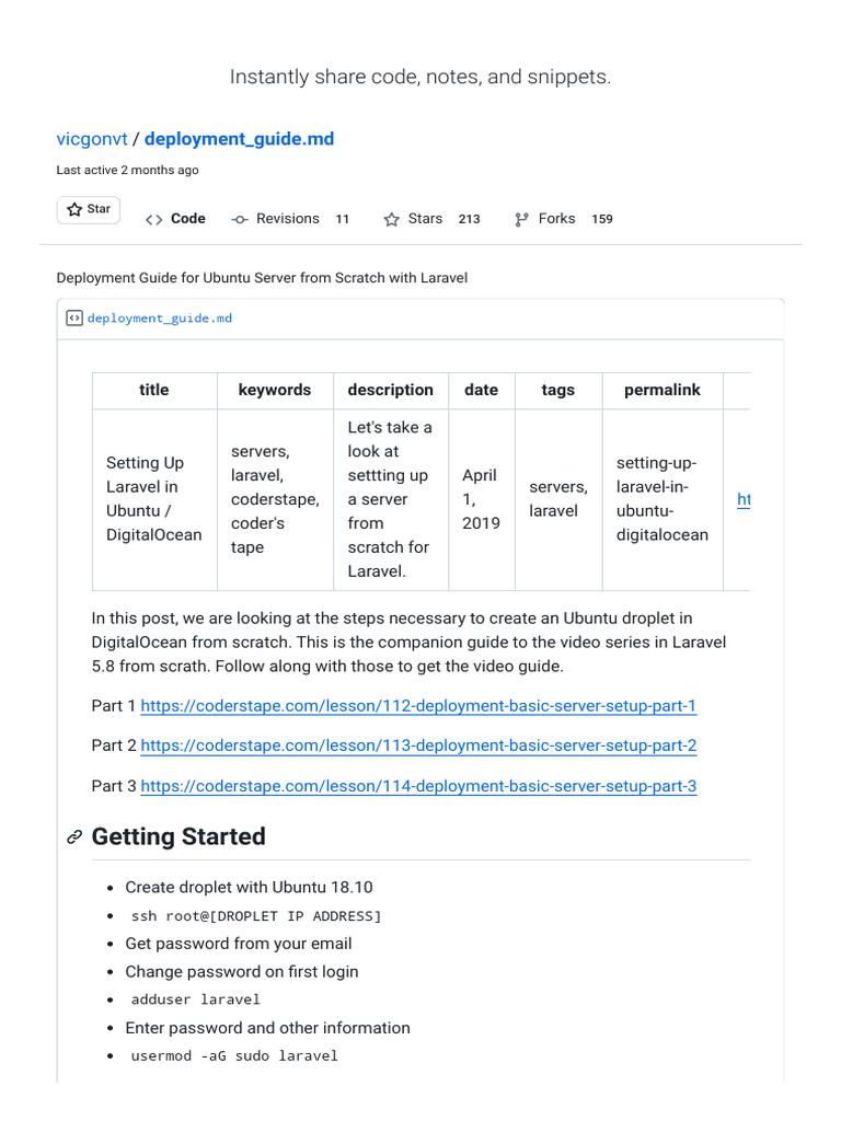 Deployment Guide For Ubuntu Server From Scratch With Laravel Github Pdf Secure Shell Sudo