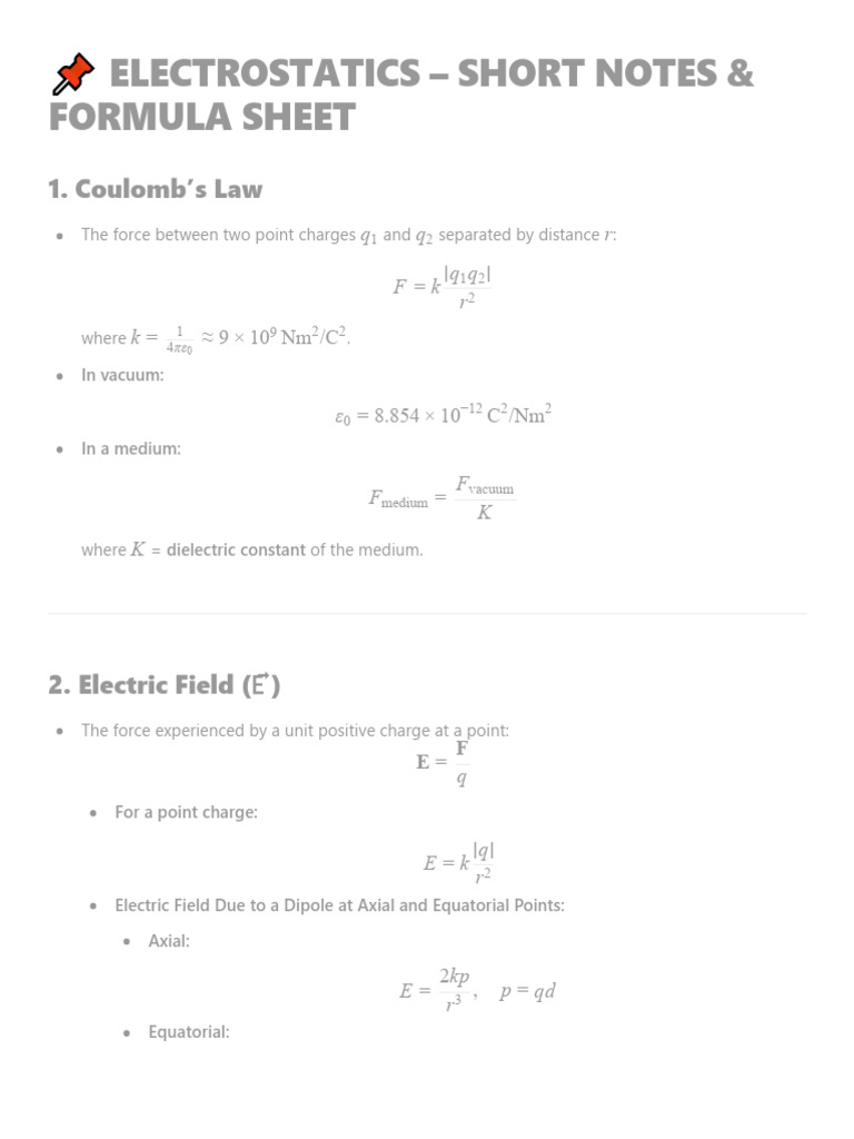 Electrostatics Short Notes & Formulas | PDF | Capacitor | Dipole