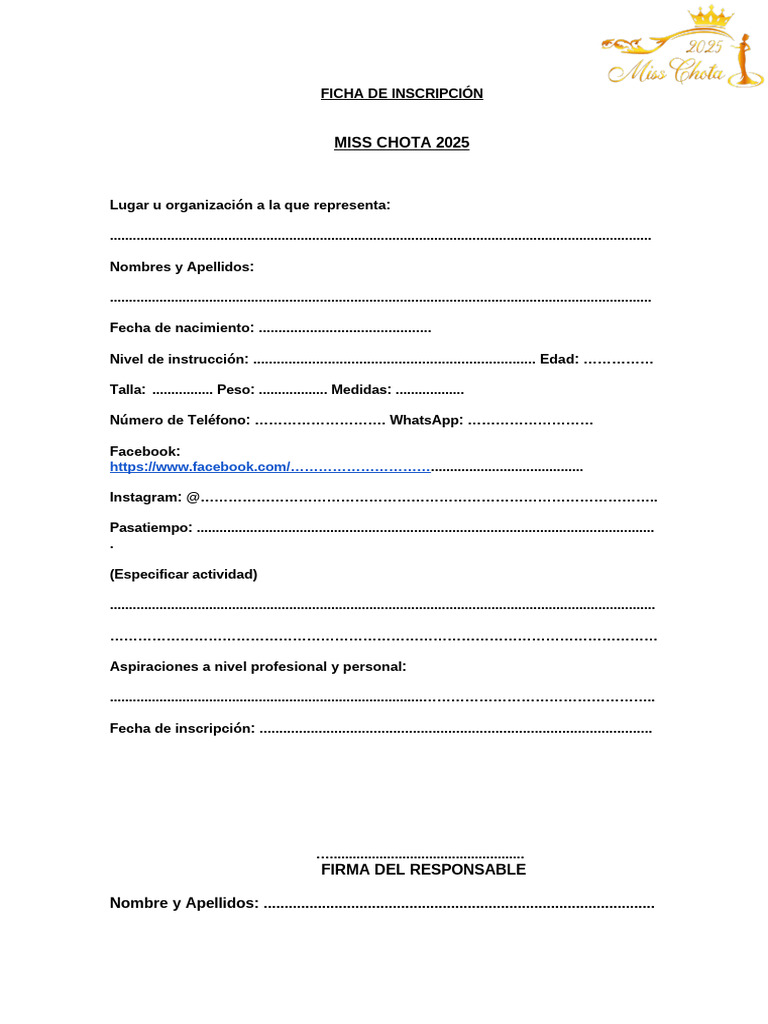 Fichas de Inscripción Miss Chota | PDF