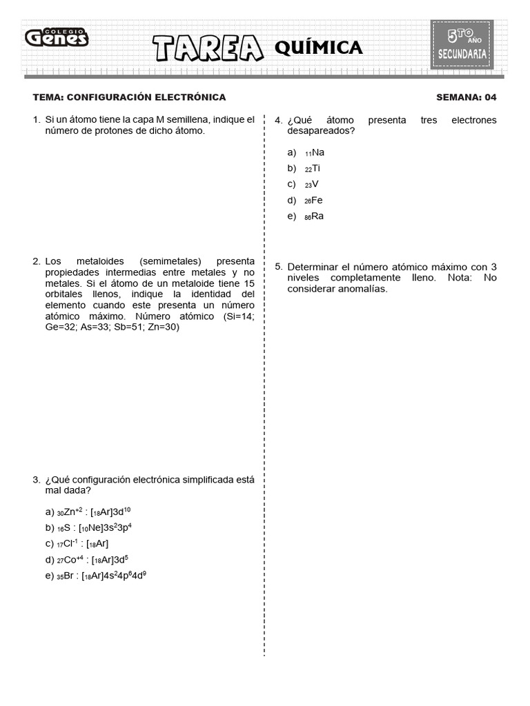 S4 - Tarea - Qu-Mica - Configuraci-N Electr-Nica | PDF