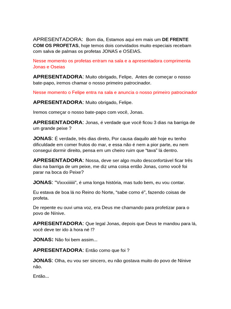 Jonas e Oséias - ROTEIRO FINAL | PDF | Jonas | Jesus